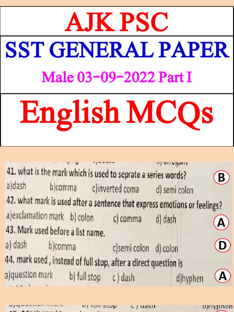 English Mcqs Ajkpsc SST Gen 22 Males | PDF