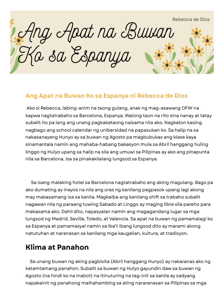 Ang Apat Na Buwan Ko Sa Espanya by Rebecca de Dios | PDF