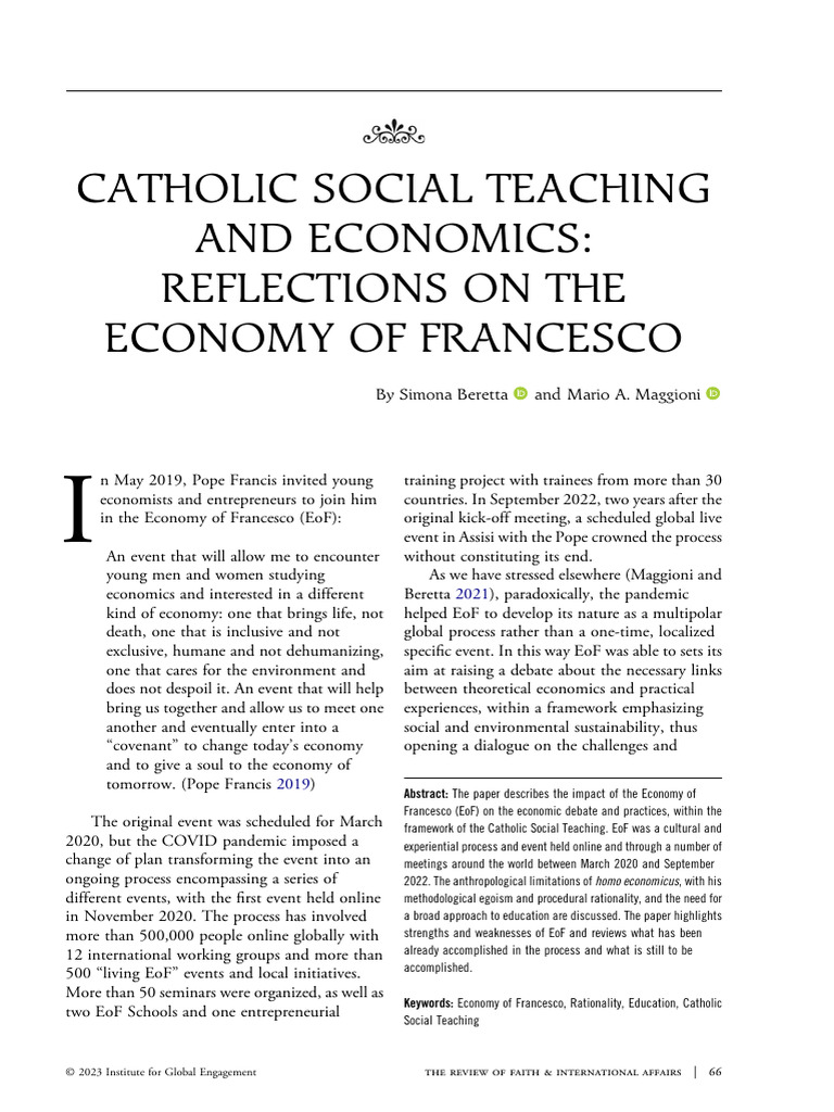 Beretta and Maggioni (2023) Catholic Social Teaching and Economics | PDF | Economics | History