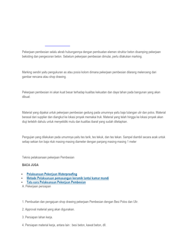 Metode Pelaksanaan Pekerjaan Pembesian Dengan Besi Polos Dan Ulir | PDF