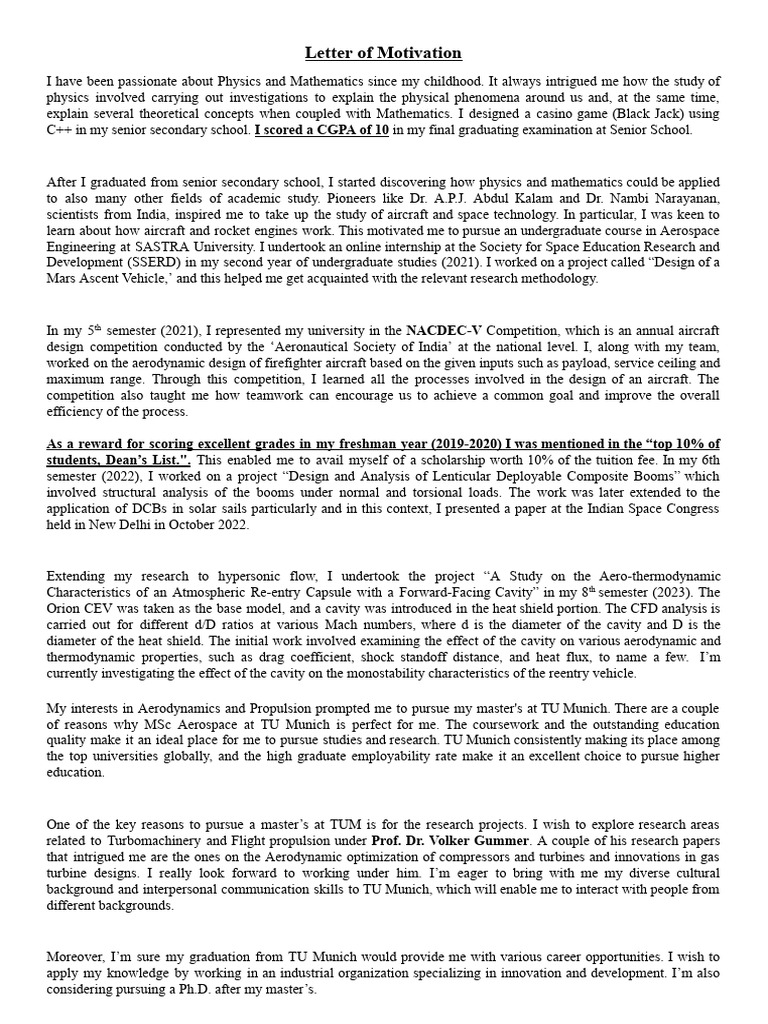 Letter of Motivation_TUM | PDF