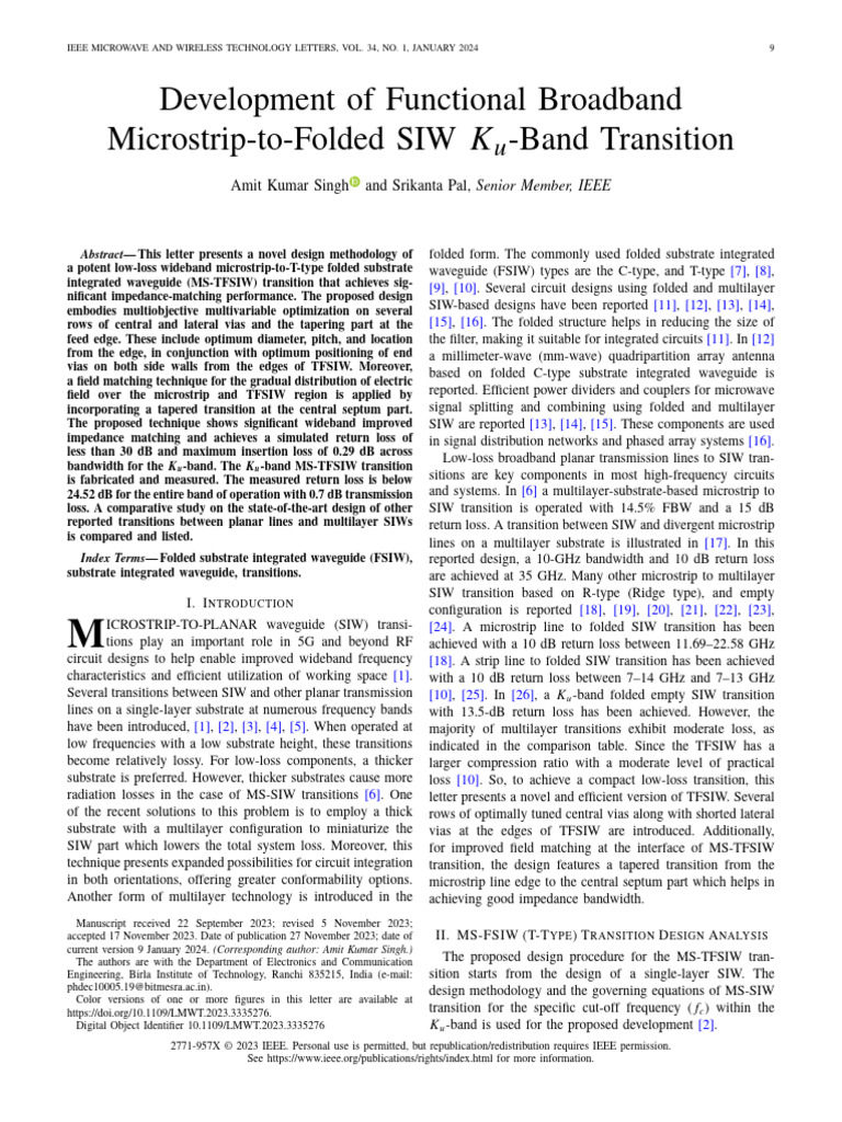 Development of Functional Broadband Microstrip-to-Folded SIW K - Band Transition | PDF