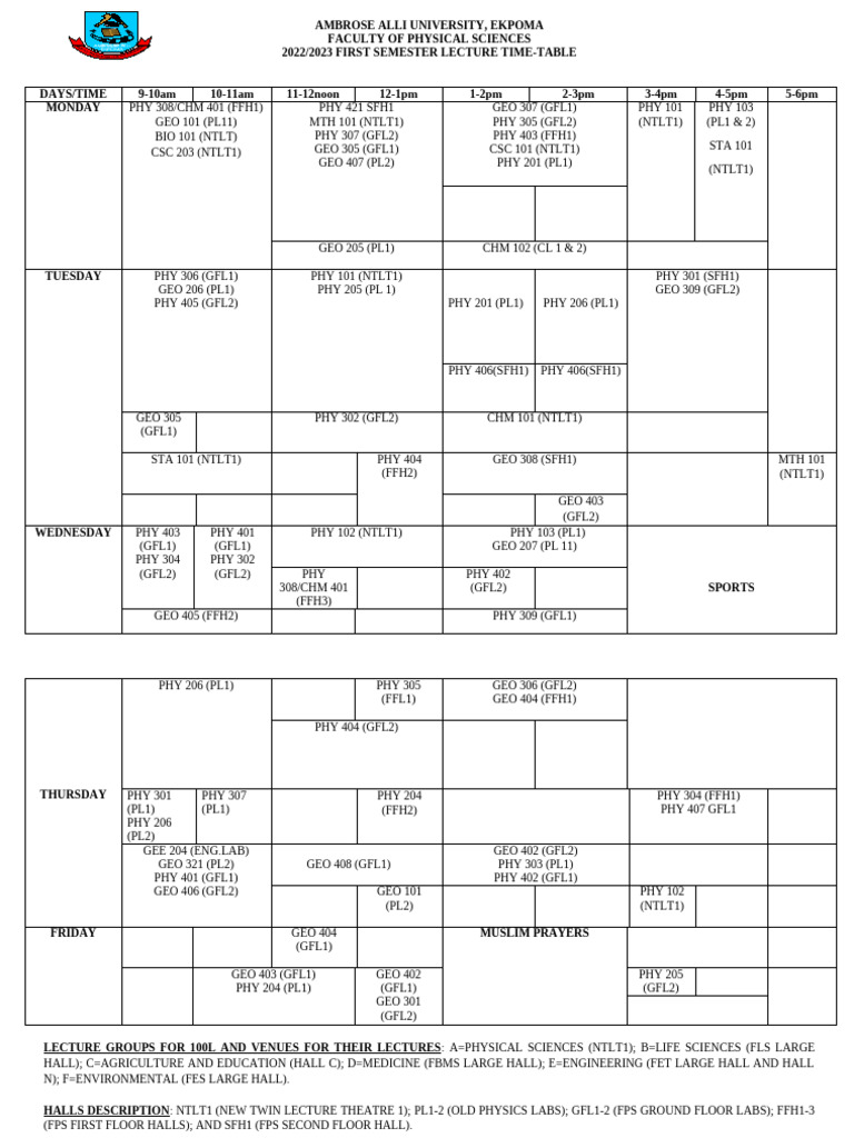 PHY DEPT. Timetable 2022 - 2023 Session | PDF