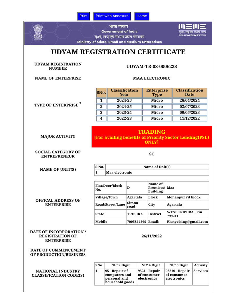 Print _ Udyam Registration Certificate (1) | PDF