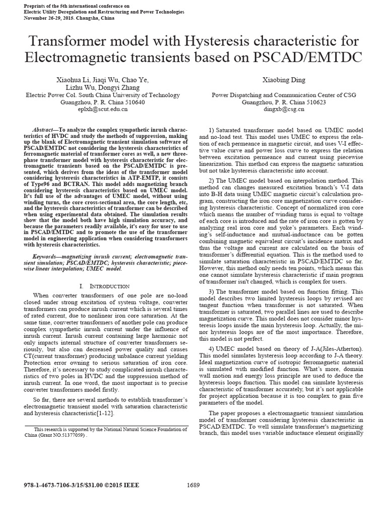 Xiaohua Li 2015 Pscad Emtdc Transformer Model With Hysteresis Characteristic For Electromagnetic