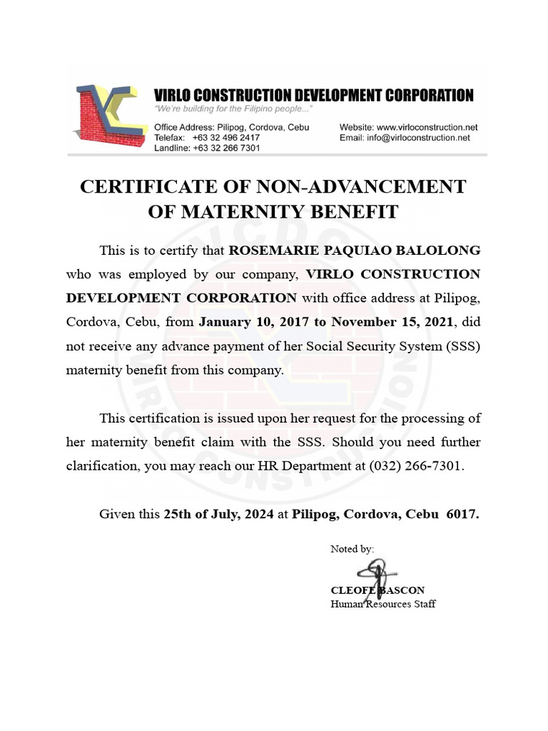 Certificate of Non-Advancement of Maternity Benefit | PDF