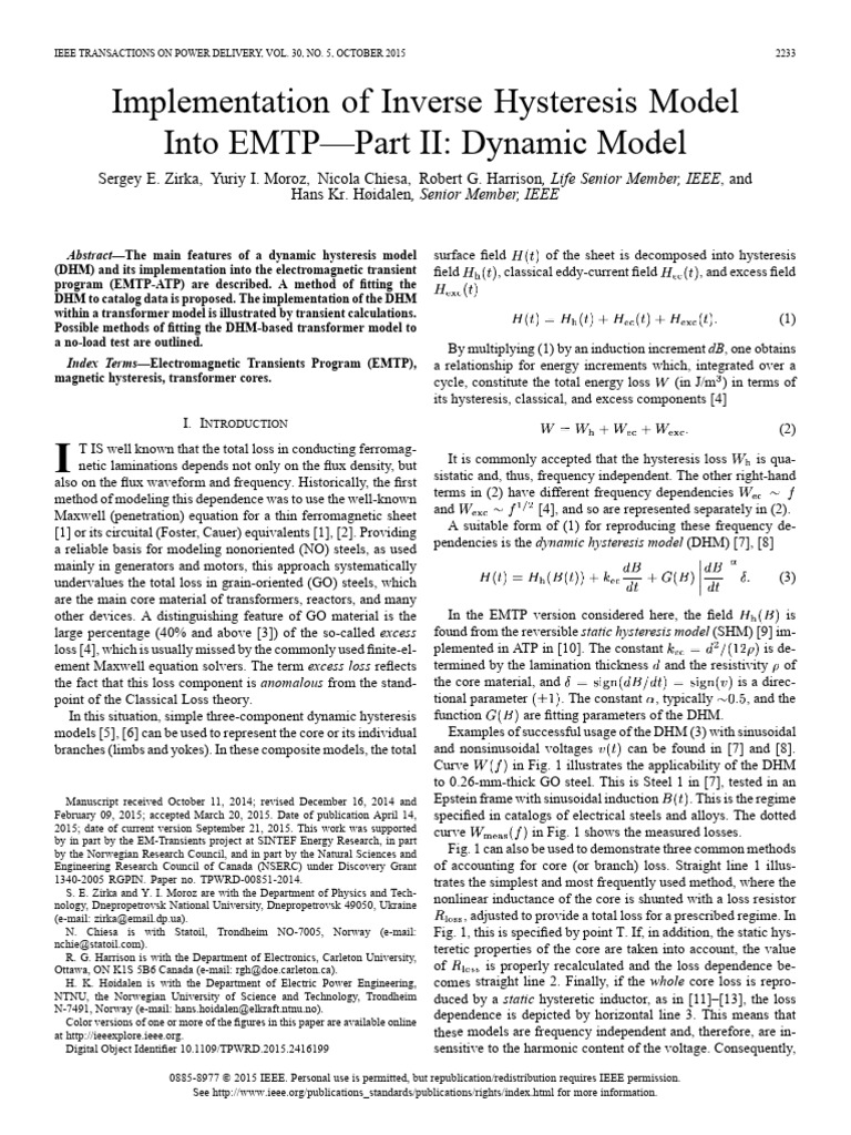 Sergey E. Zirka 2015 Implementation of Inverse Hysteresis Model Into EMTP Part II | PDF