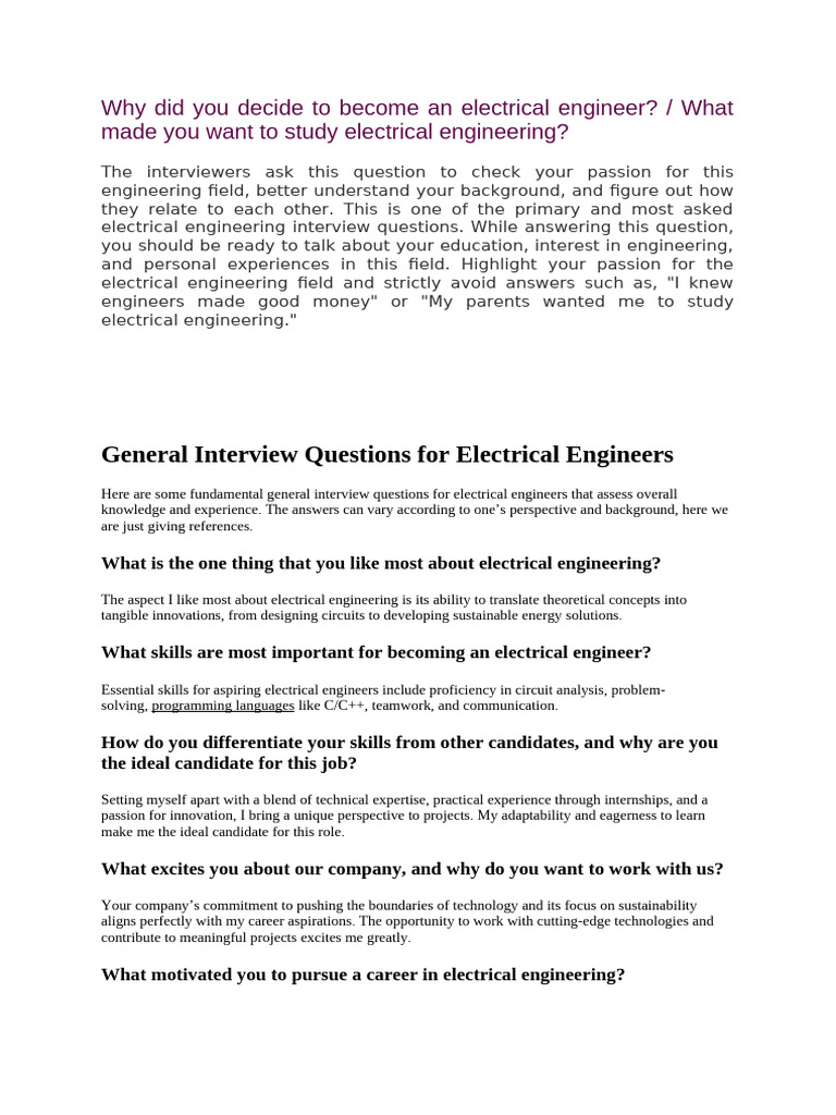 40 Electrical Engineering Interview Questions and Answers | PDF