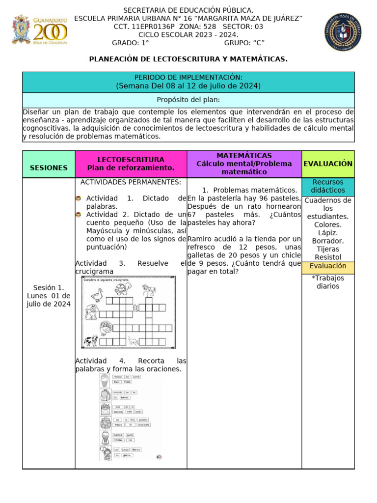 Plan Lectoescritura y Matemáticas 1°C | PDF