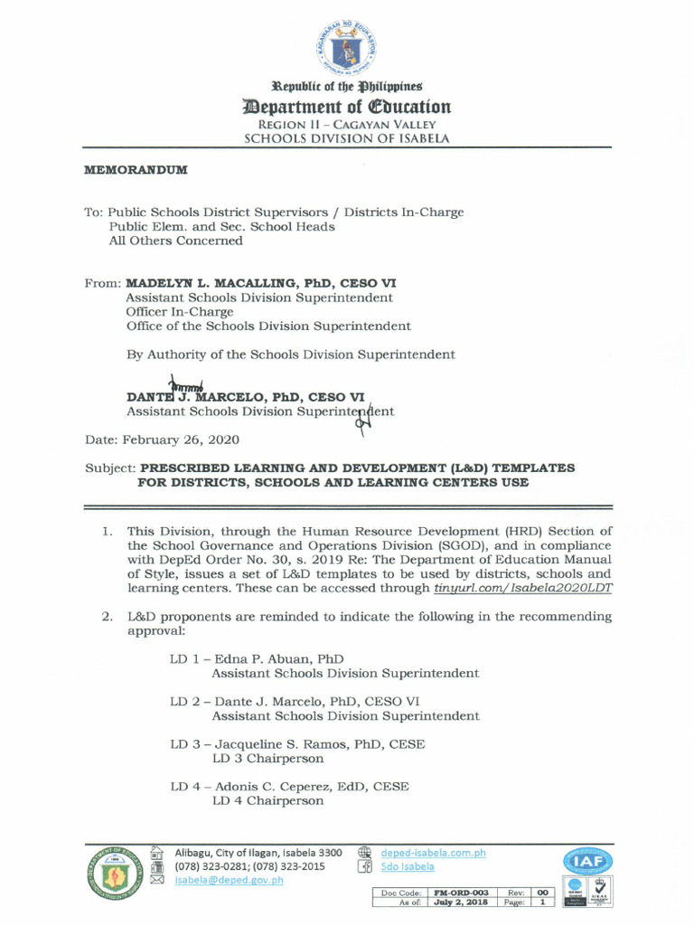 Prescribed Learning and Development LD Templates For Districts Schools ...
