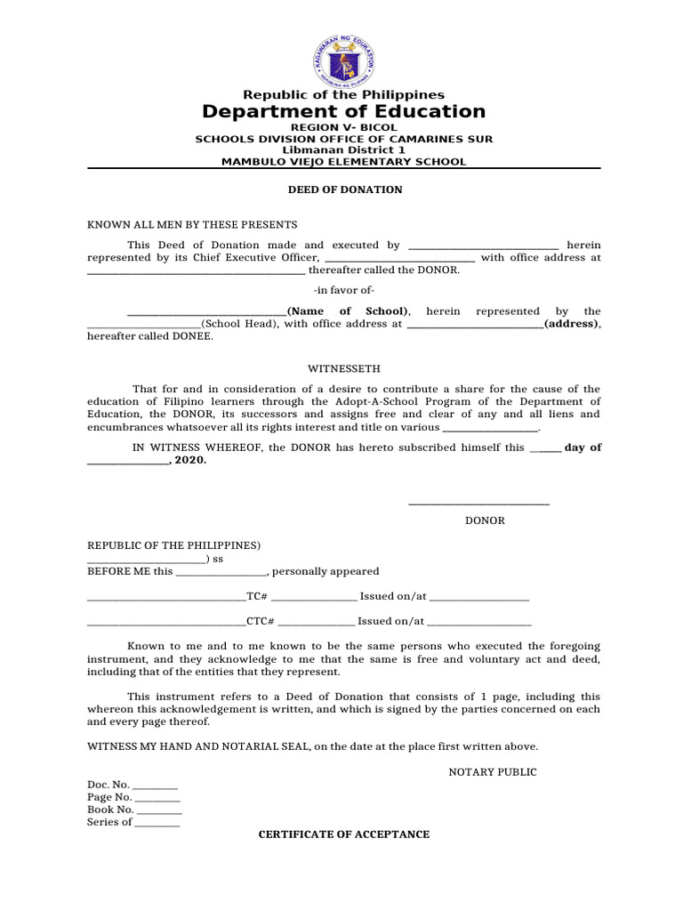 SAMPLE - DEED OF DONATION AND ACCEPTANCE | PDF