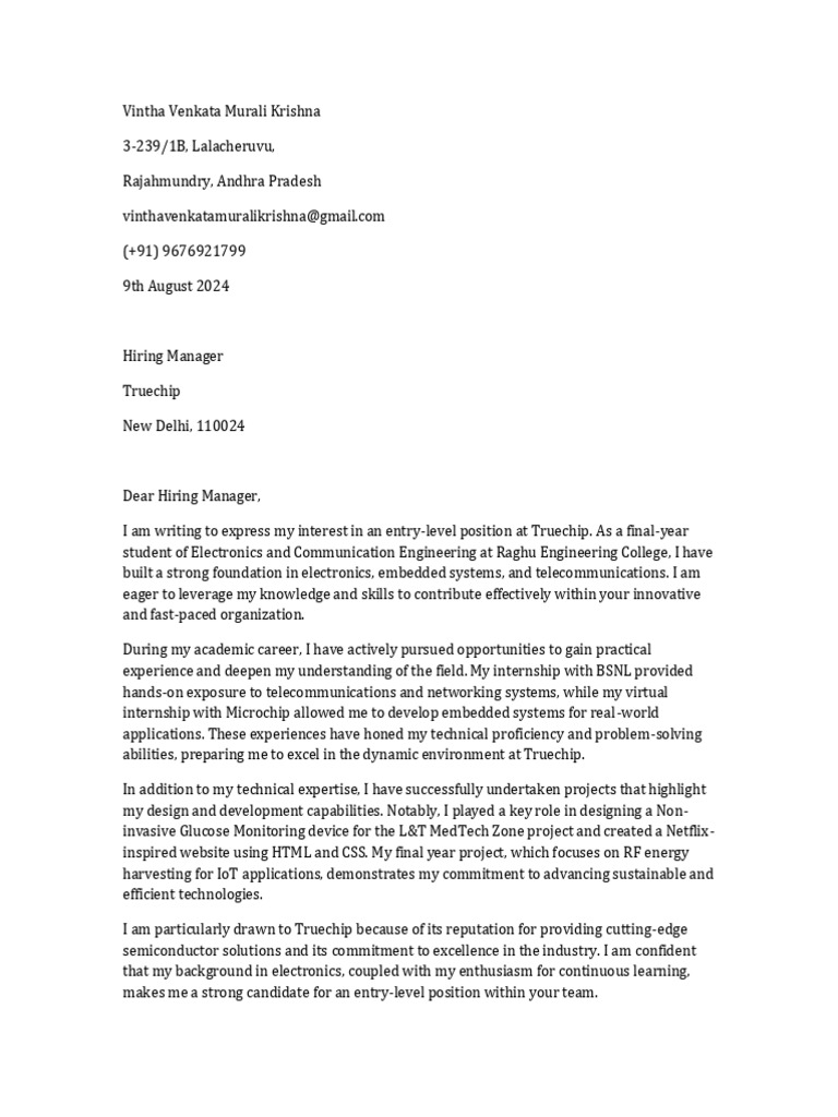 Vintha Venkata Murali Krishna Cover Letter | PDF