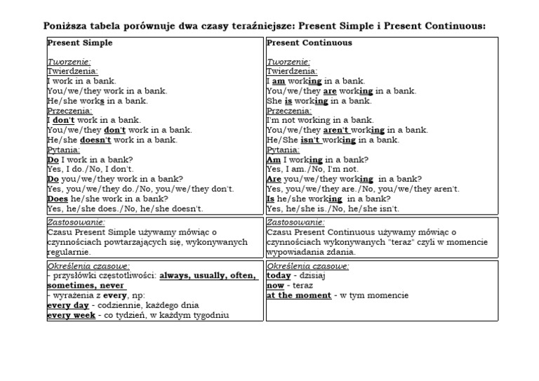 porównanie czasów Present Simple i Present Continuous (1) | PDF