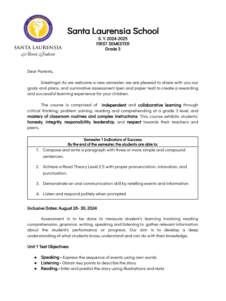 Grade 3 Unit 1 - Letter | PDF