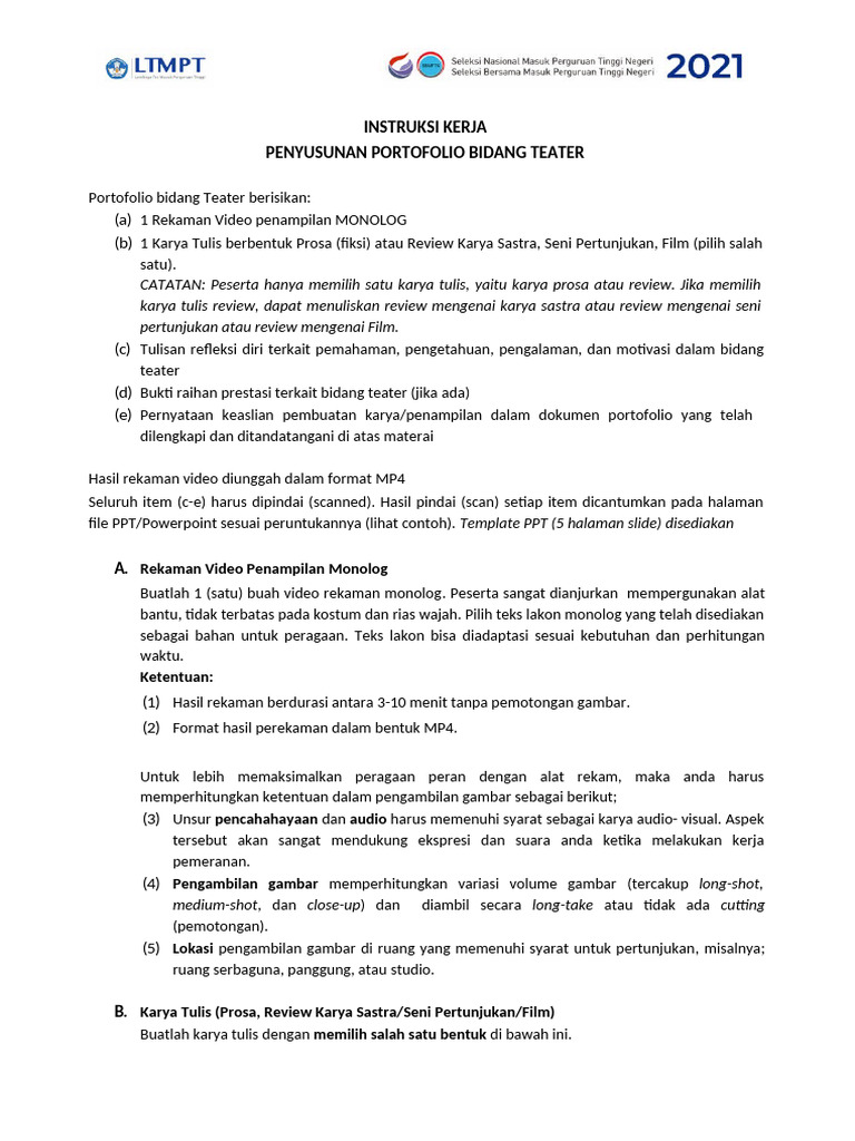 Instruksi Kerja Penyusunan Portofolio Bidang Teater | PDF