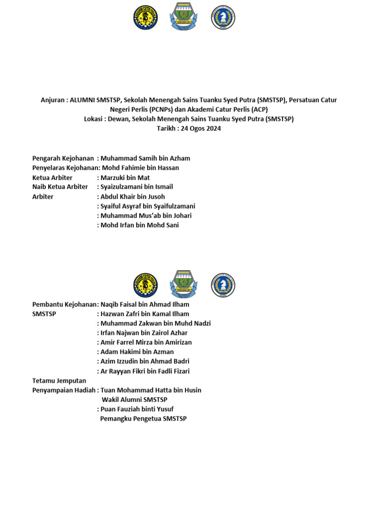 Keputusan Rasmi Kejohanan Catur Terbuka Syed Putra 2024 | PDF