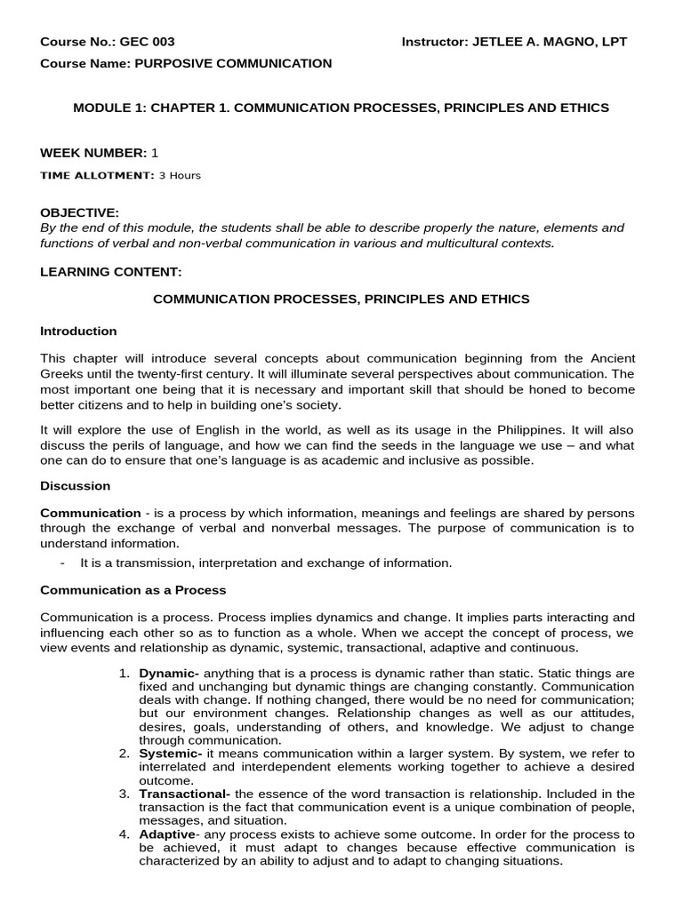 Purposive Communication Module Week 1 | PDF