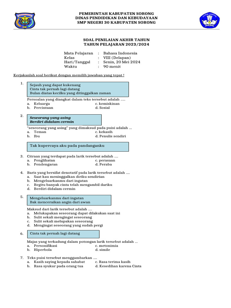 Soal Bhs. Indonesia Kls. VIII | PDF
