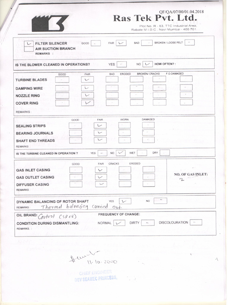 Mge No. 4 Turbocharger Overhaul Report | PDF