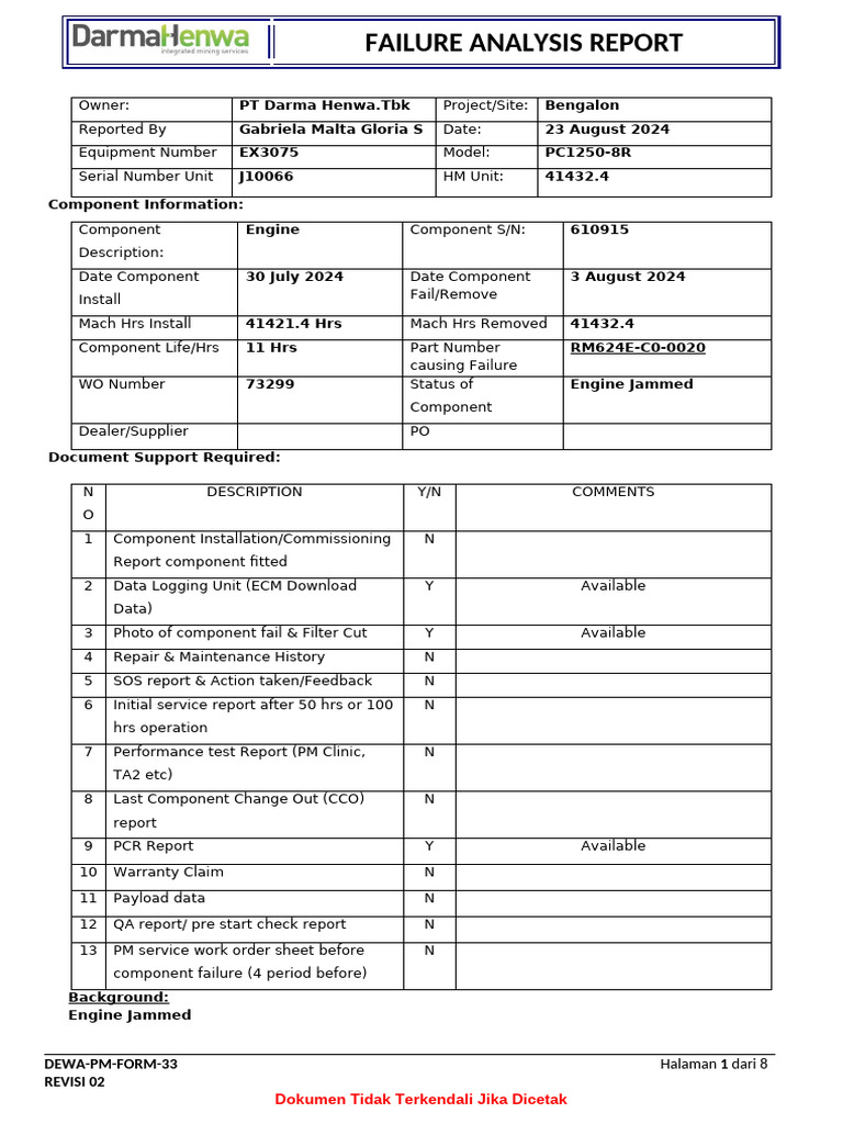 DEWA-PM-ForM-33. Failure Analysis Report Engine Jammed EX3075 | PDF