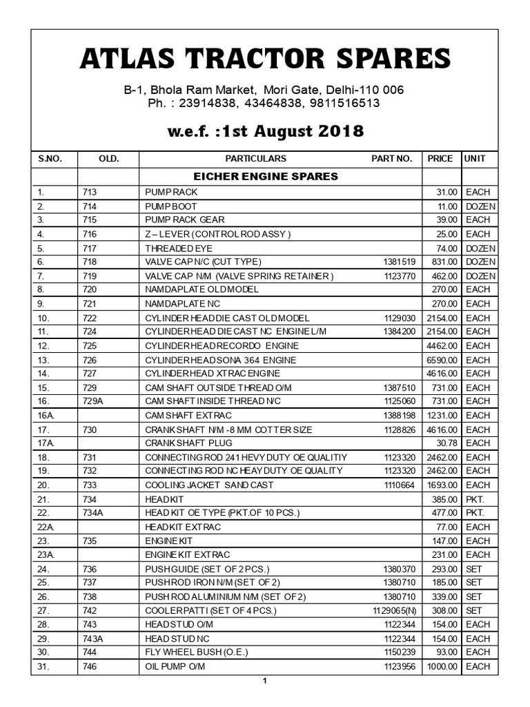 Atlas Tractor Spares - W.E.F. 1st August 2018 | PDF