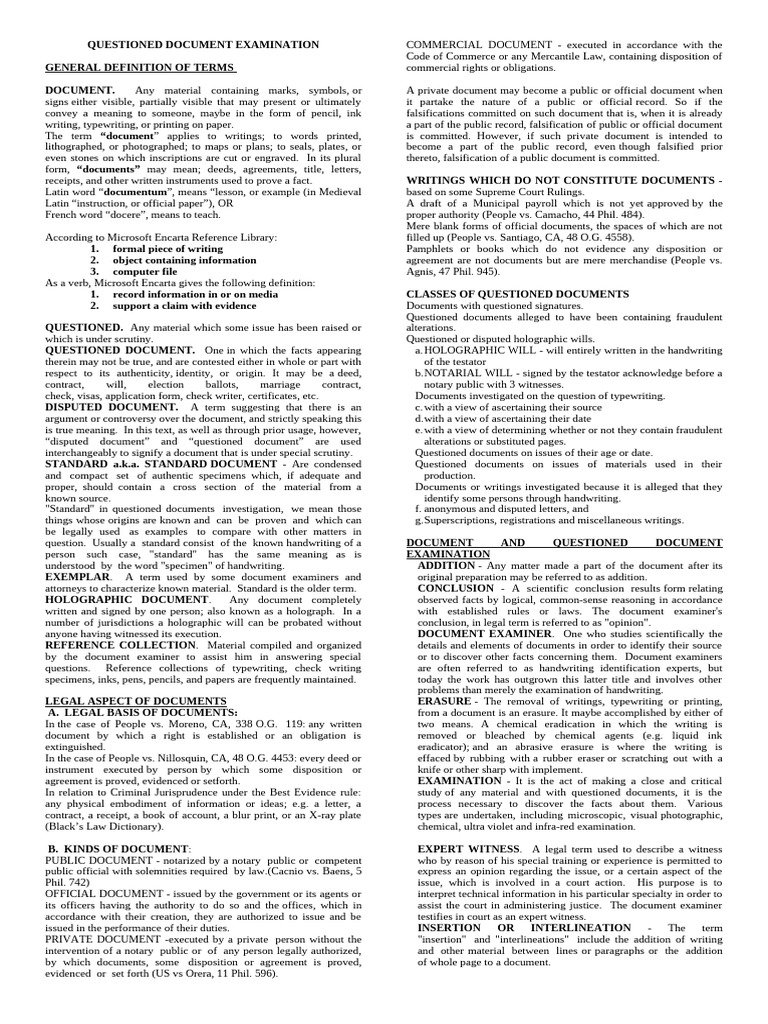 QUESTIONED DOCUMENT EXAMINATION Reviewer | PDF