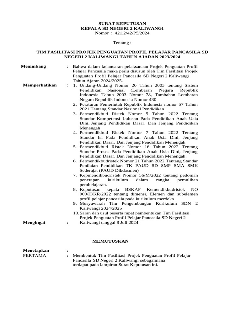 SK Tim Fasilitasi Projek Profil Pelajar Pancasila (P5) | PDF
