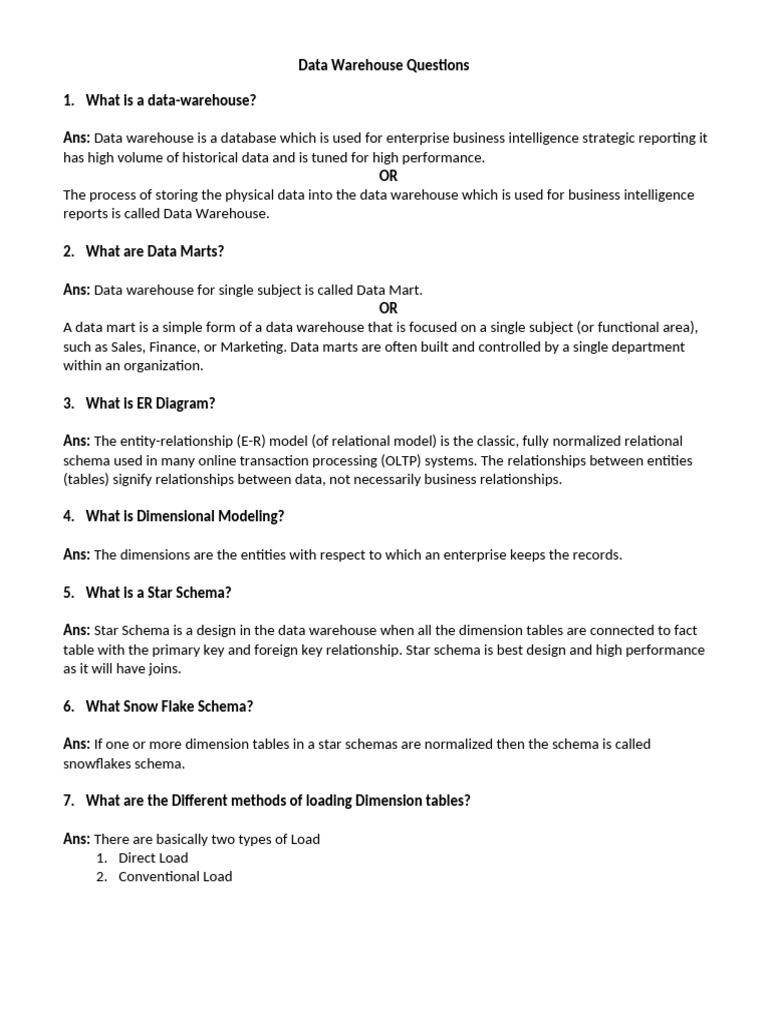 Data Warehouse Questions | PDF