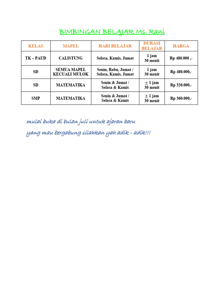 List Harga Bimbel | PDF