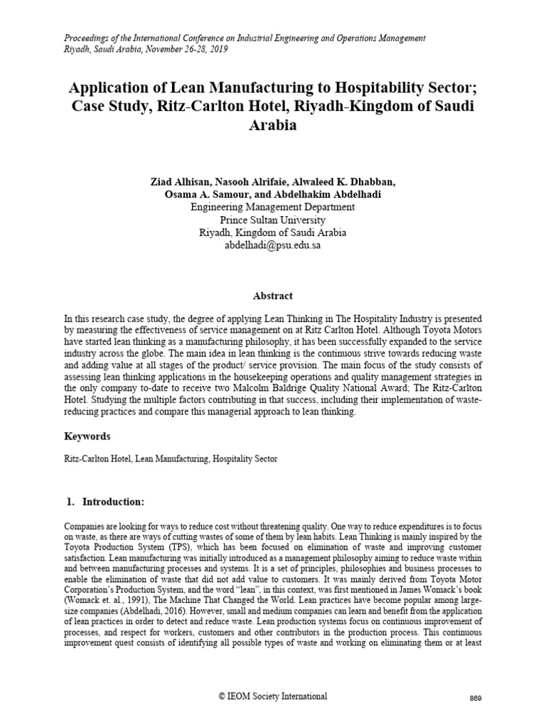 Application of Lean Manufacturing To Hospitability Sector Case Study ...