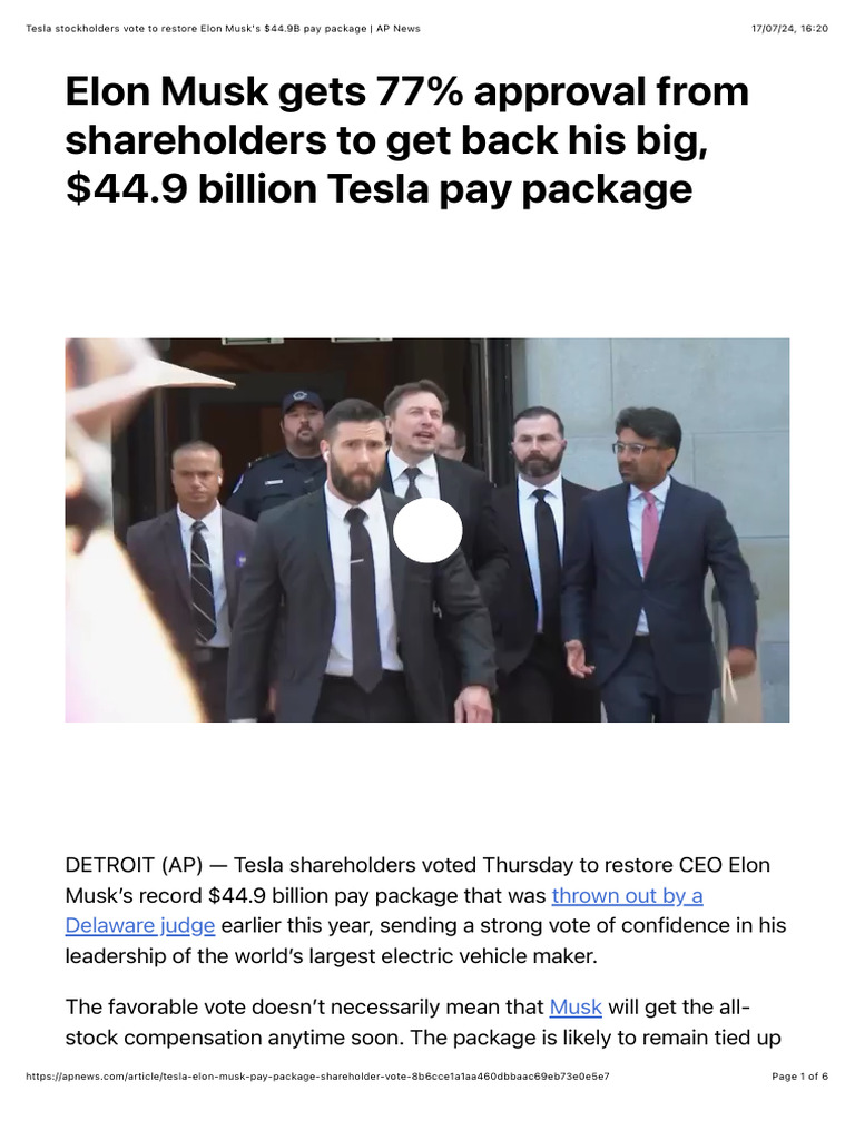 01 Tesla Stockholders Vote To Restore Elon Musk Pay Package - AP News | PDF