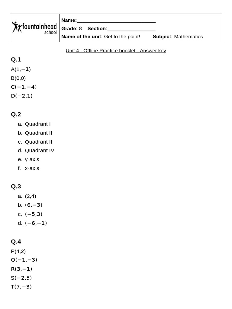 Math - Unit 4 - Offline Practice Booklet - Answer Key | PDF
