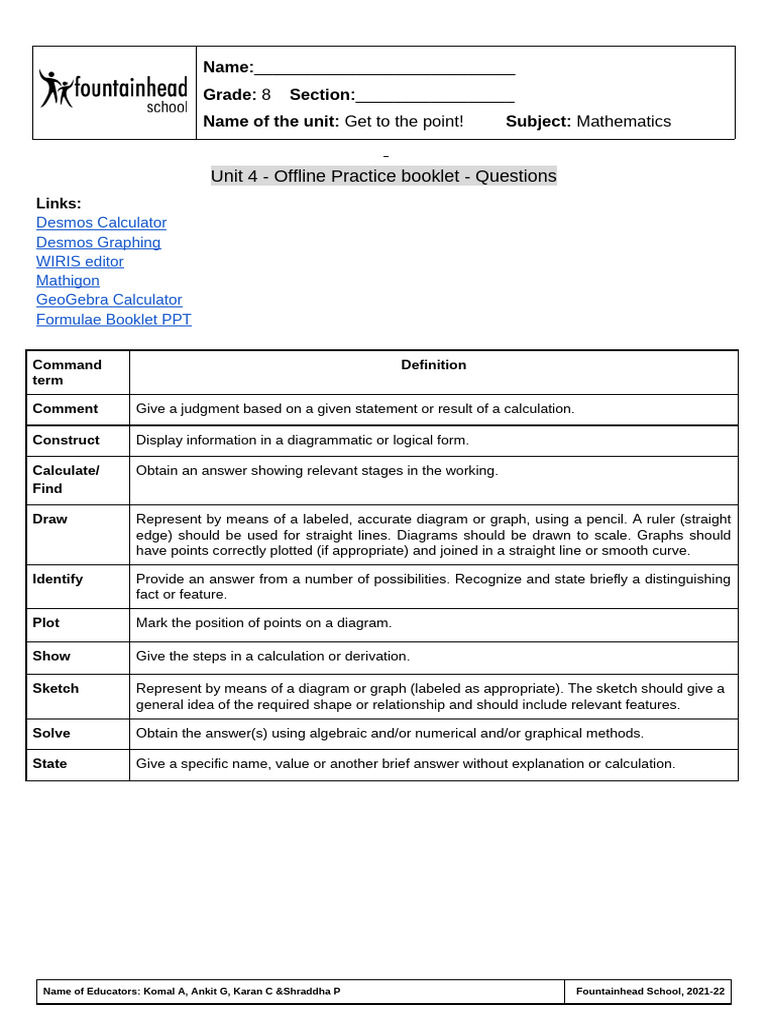 Math - Unit 4 - Offline Practice Booklet - Questions | PDF
