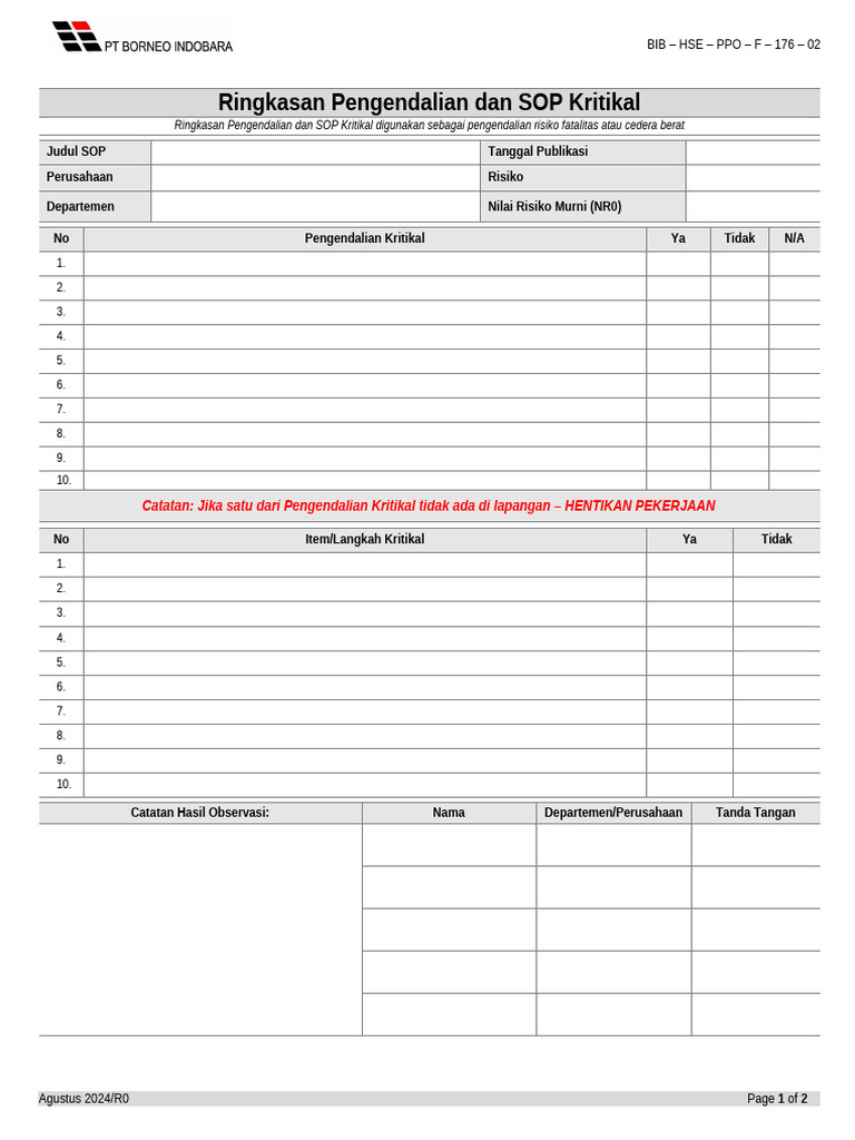 Template Ringkasan SOP Kritikal | PDF