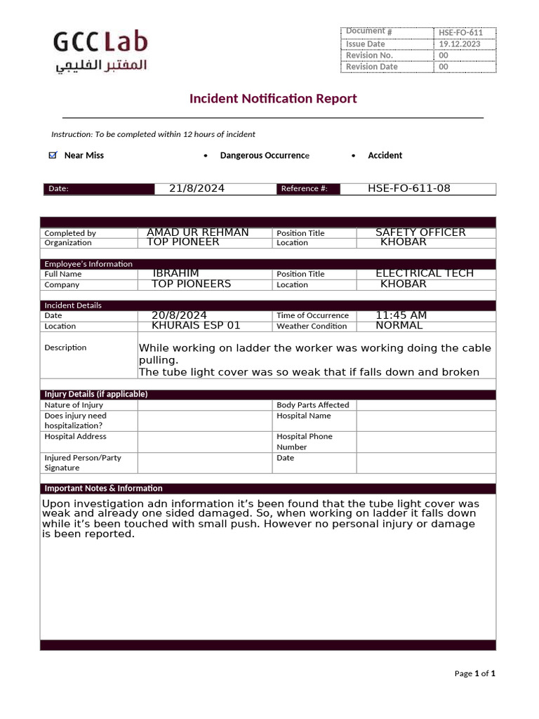 HSE-FO-611 Near Miss Report 20-8-24 | PDF