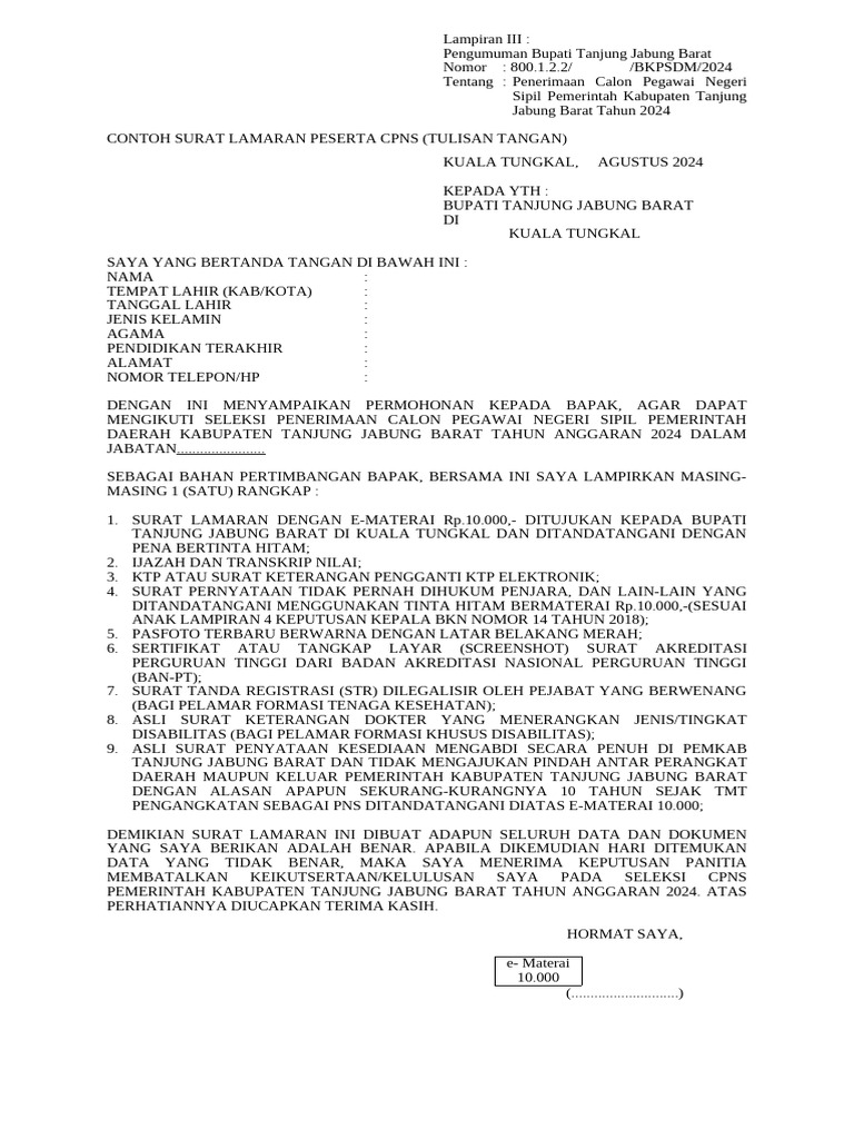 Contoh Surat Lamaran CPNS 2024 | PDF | Finance & Money Management
