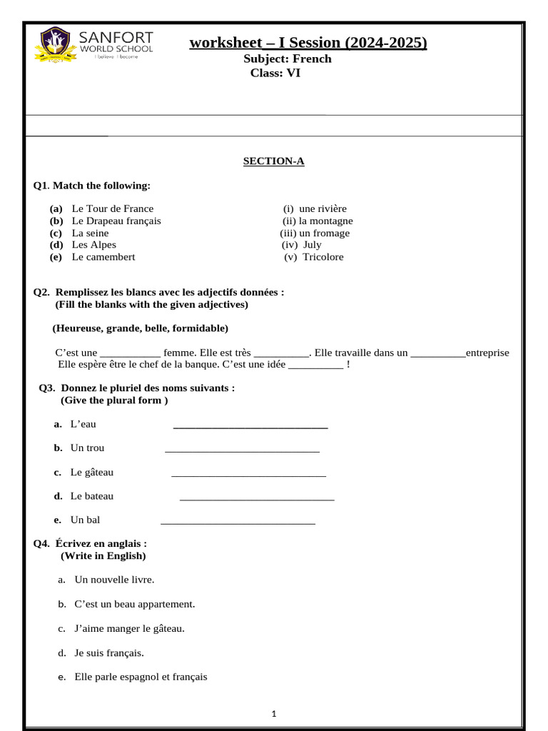 Grade 6 French Worksheet: Plurals & Adjectives | PDF | Language Arts ...