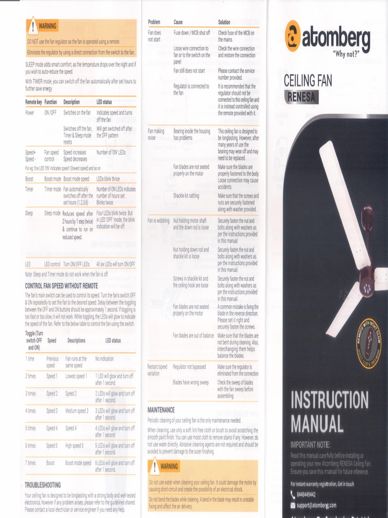 2021 10 25 Atomberg Cieling Fan Owners Manual Guide and Warranty | PDF