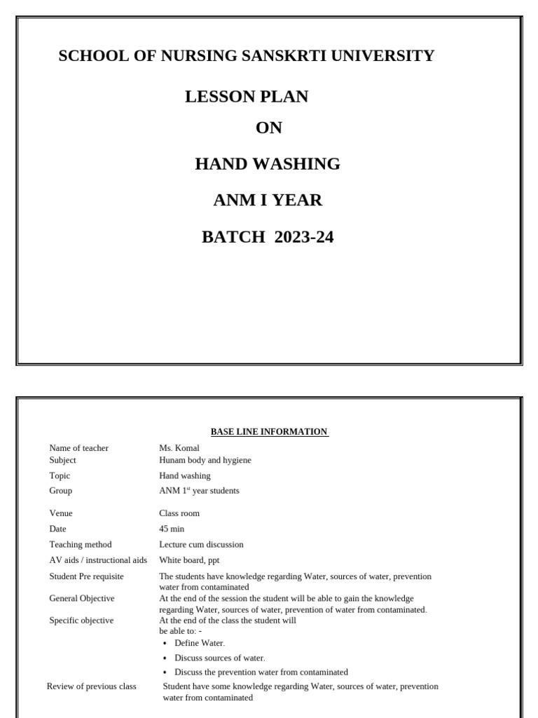 Lesson Plon Hand Washing | PDF