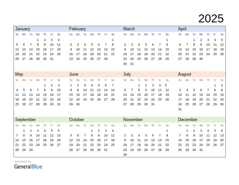 2025 Multi Colored Calendar Sunday Start | PDF