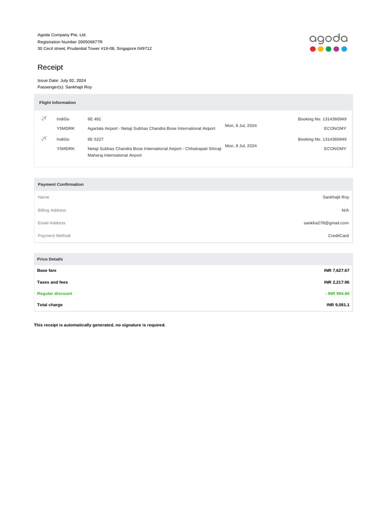 Agoda Booking ID 1314360949 Receipt | PDF