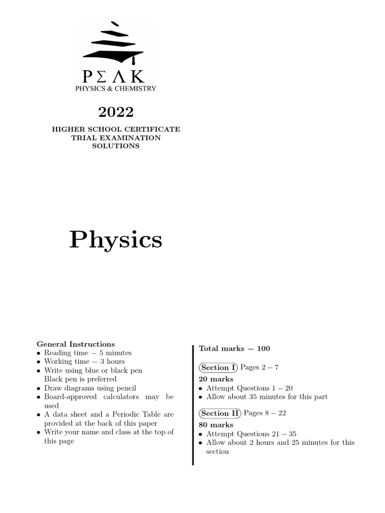 2022 Peak Physics Trial Exam Solutions V1.1 | PDF