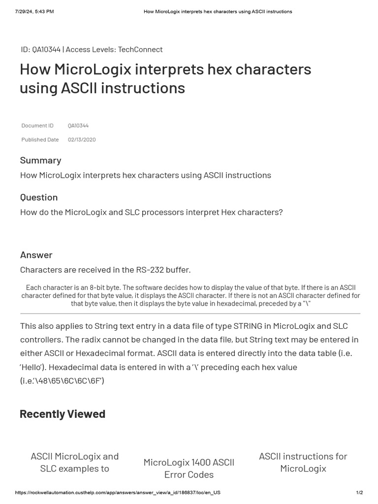 How MicroLogix interprets hex characters using ASCII instructions | PDF