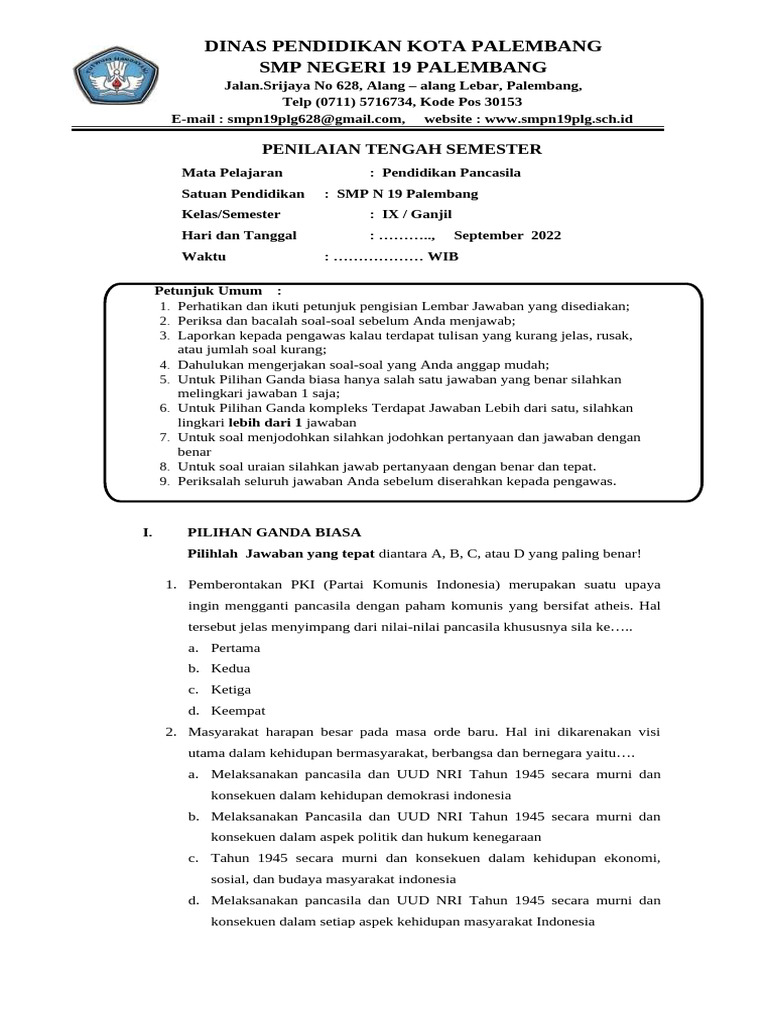 Soal Pts PPKN Kelas 9 Semester Ganjil 2022 | PDF