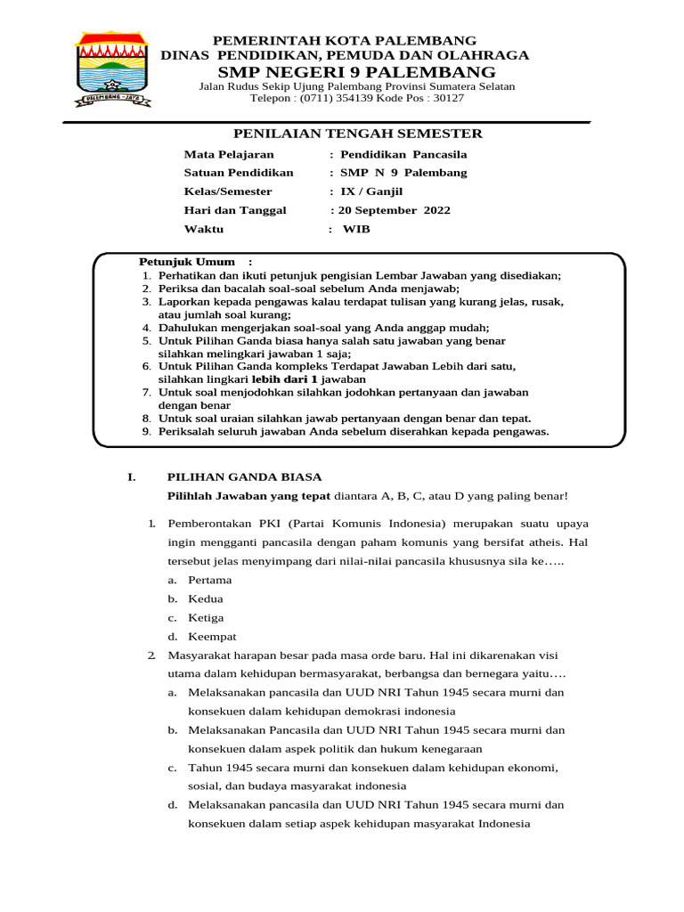 Soal Pts PPKN Kelas 9 Semester Ganjil 2022 | PDF