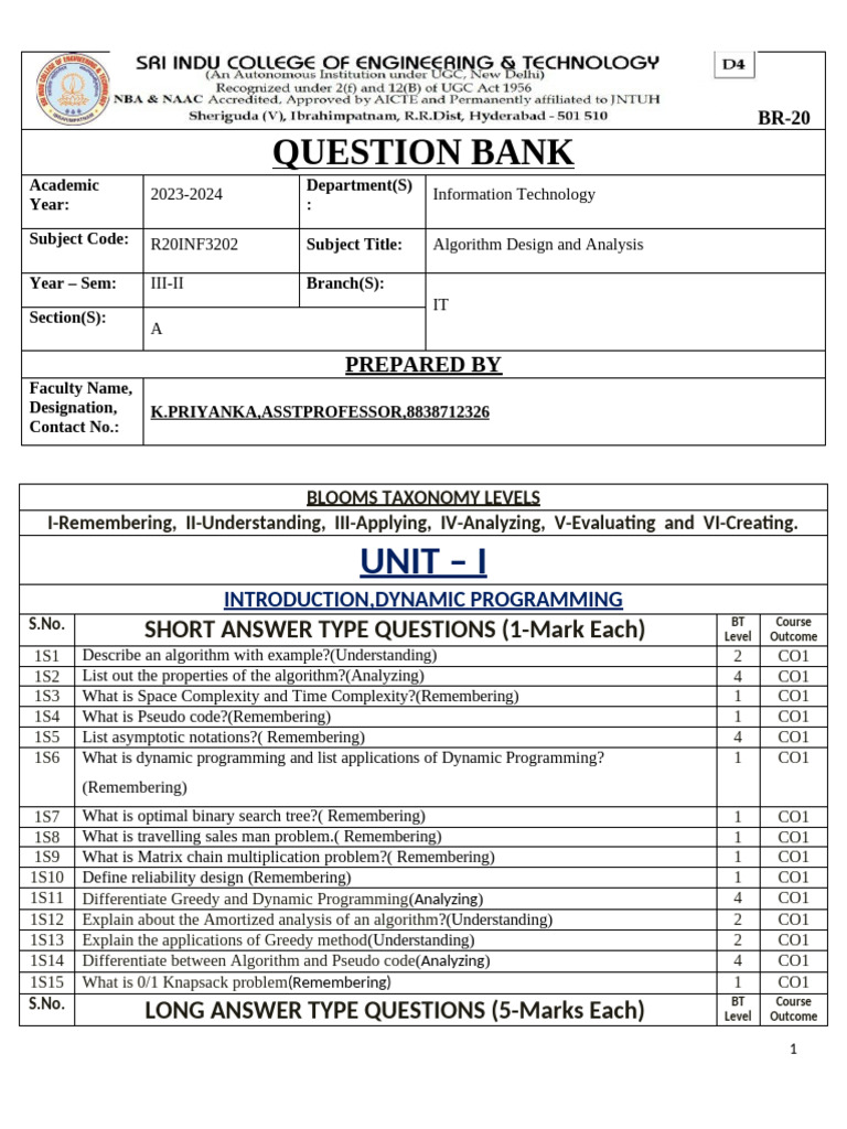 Ada Question Bank (It) | PDF
