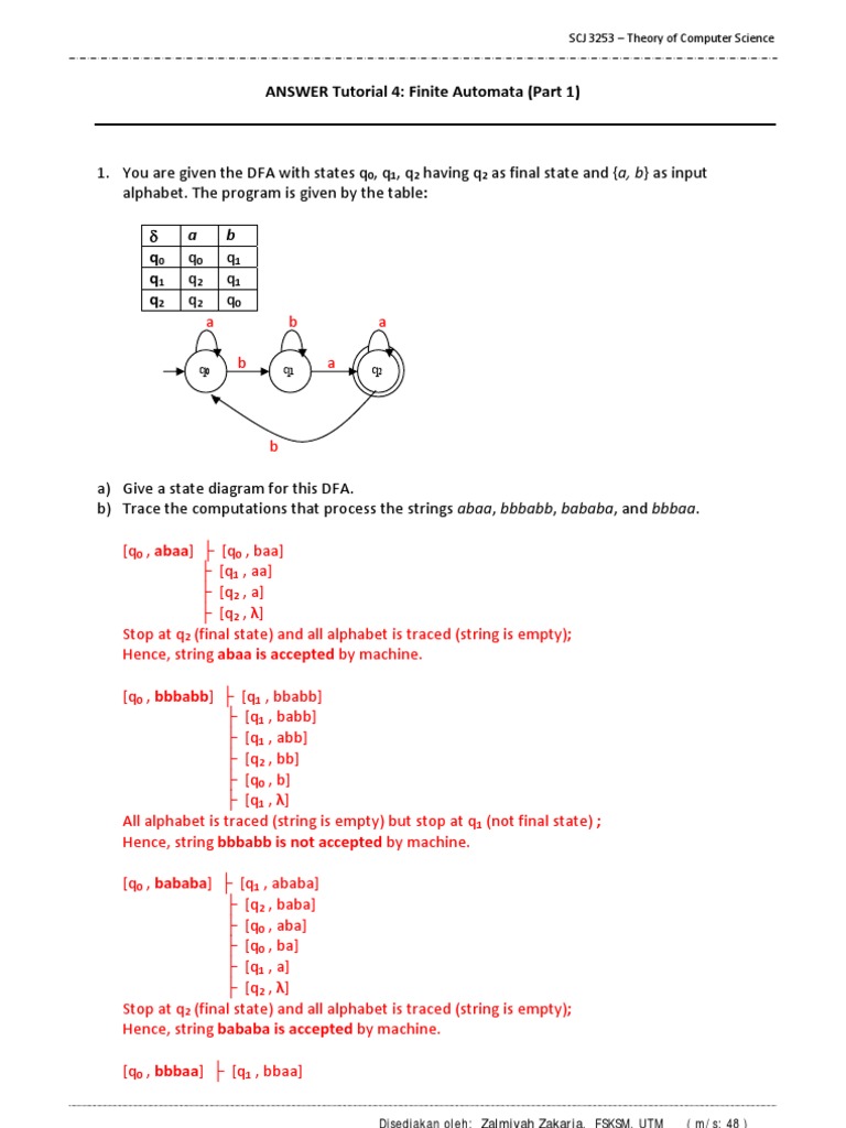 ANSWER Tutorial 4: Finite Automata (Part 1) : SCJ 3253 - Theory of Computer Science | PDF ...
