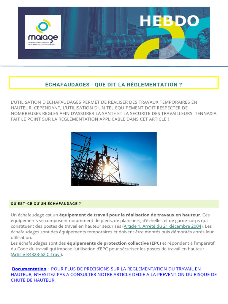 MAIAGE HEBDO Echafaudages Que Dit La Reglementation | PDF