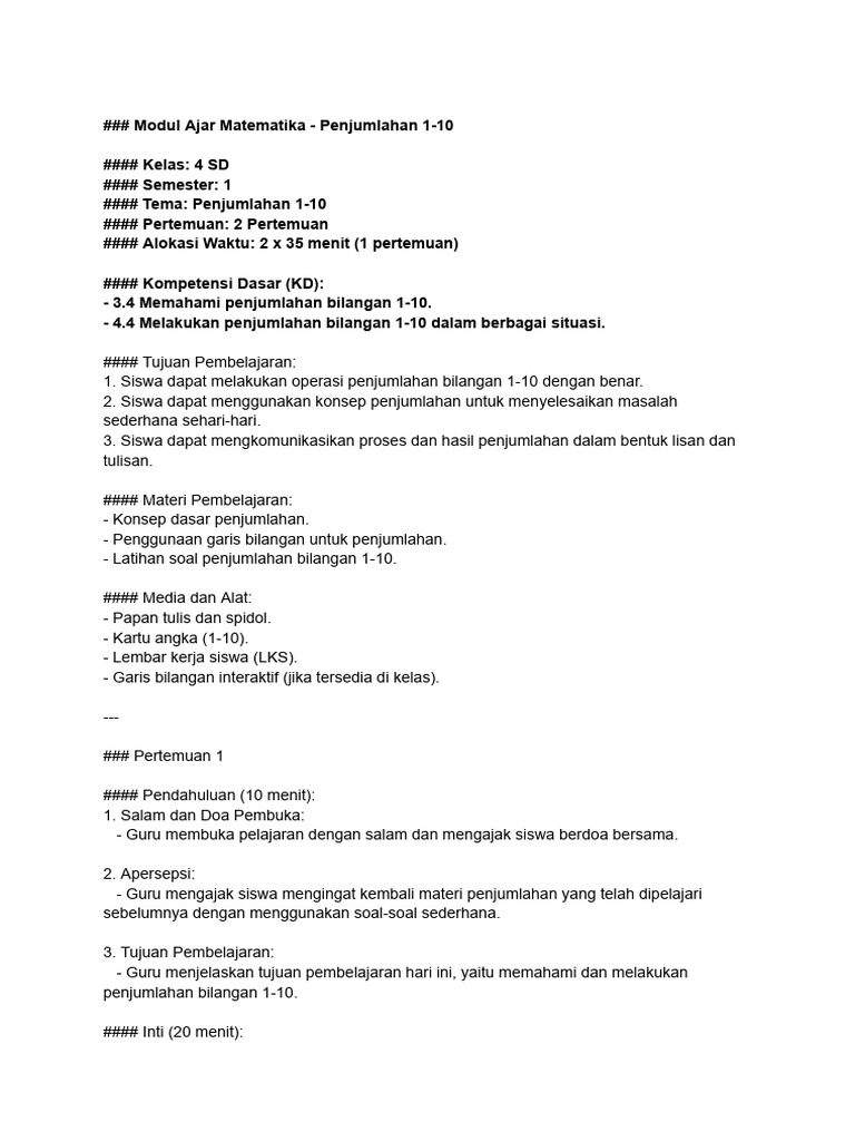 MTK (1) Penjumlahan 1-10 | PDF