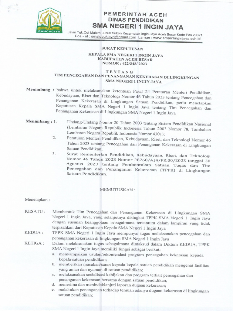 SK Tim Pencegahan Dan Penanganan Kekerasan | PDF